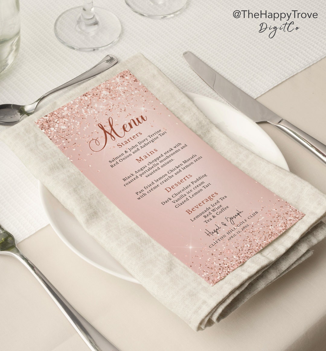 ROSA Rose Gold Glitter Menu, Hens Party, Wedding Menu, Pink Editable ...
