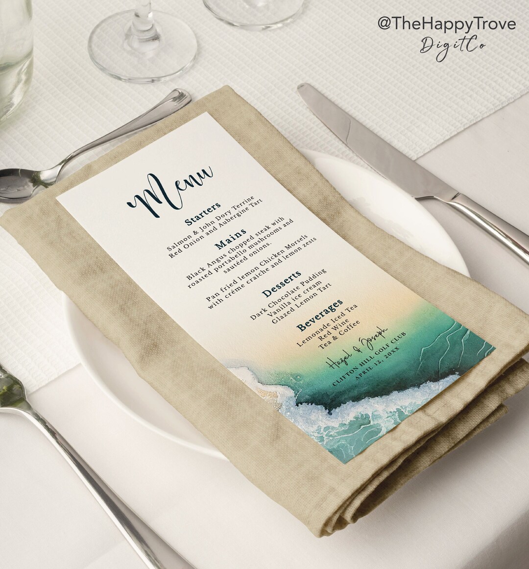 GENY Beach Themed Menu, Waves, Sea Foam, Ocean, Aqua, Turquoise, Teal ...