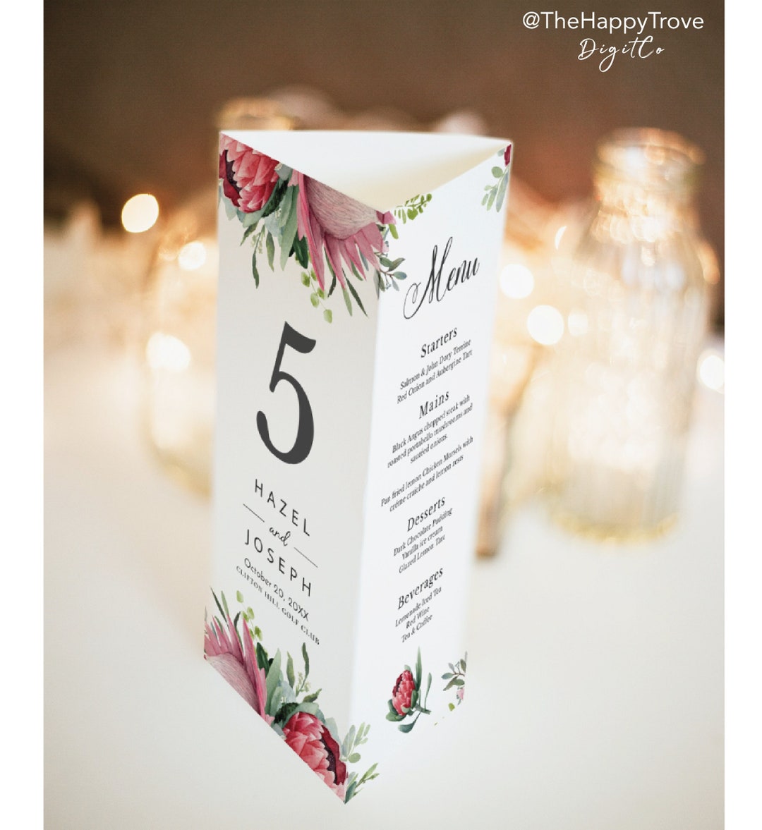 Protea Tri-fold Menu Stand, Table Number Sign, Wedding Program ...