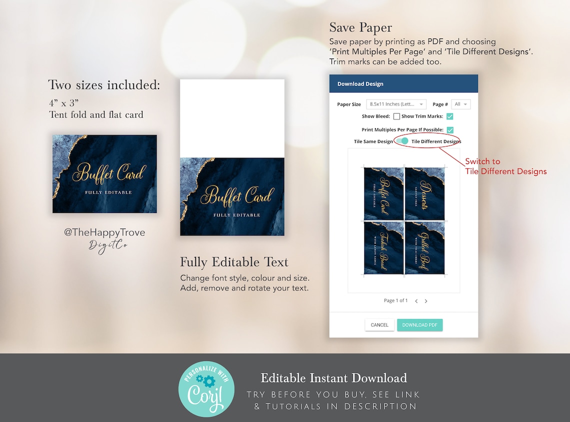 NOVA Navy Blue and Gold Buffet Cards Editable Digital Instant - Etsy