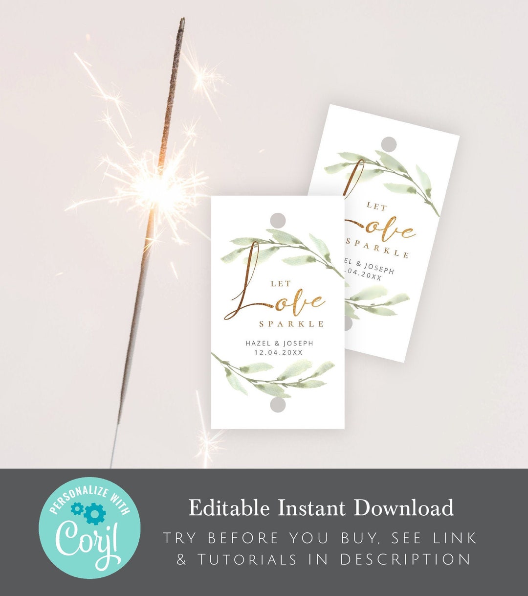 Greenery & Gold Sparkler Tags, Editable Instant Download, Digital ...