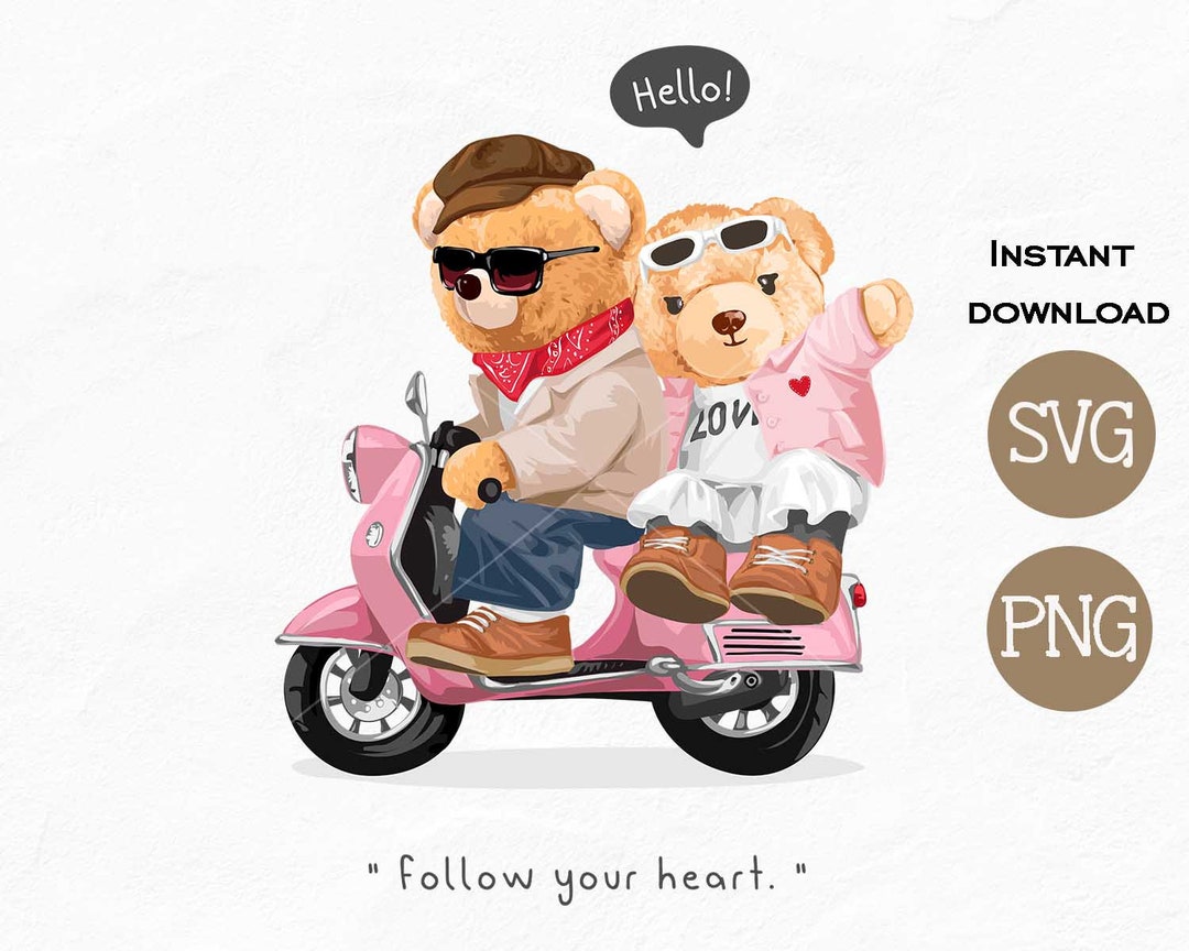 Linda pareja de muñecas de oso montando scooter rosa SVG PNG / DTG ...