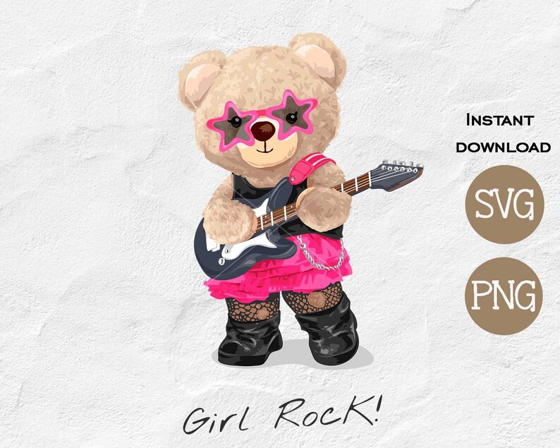 Rockstar Bear Girl SVG PNG: Guitar DTG Printing (digital Download) - Etsy