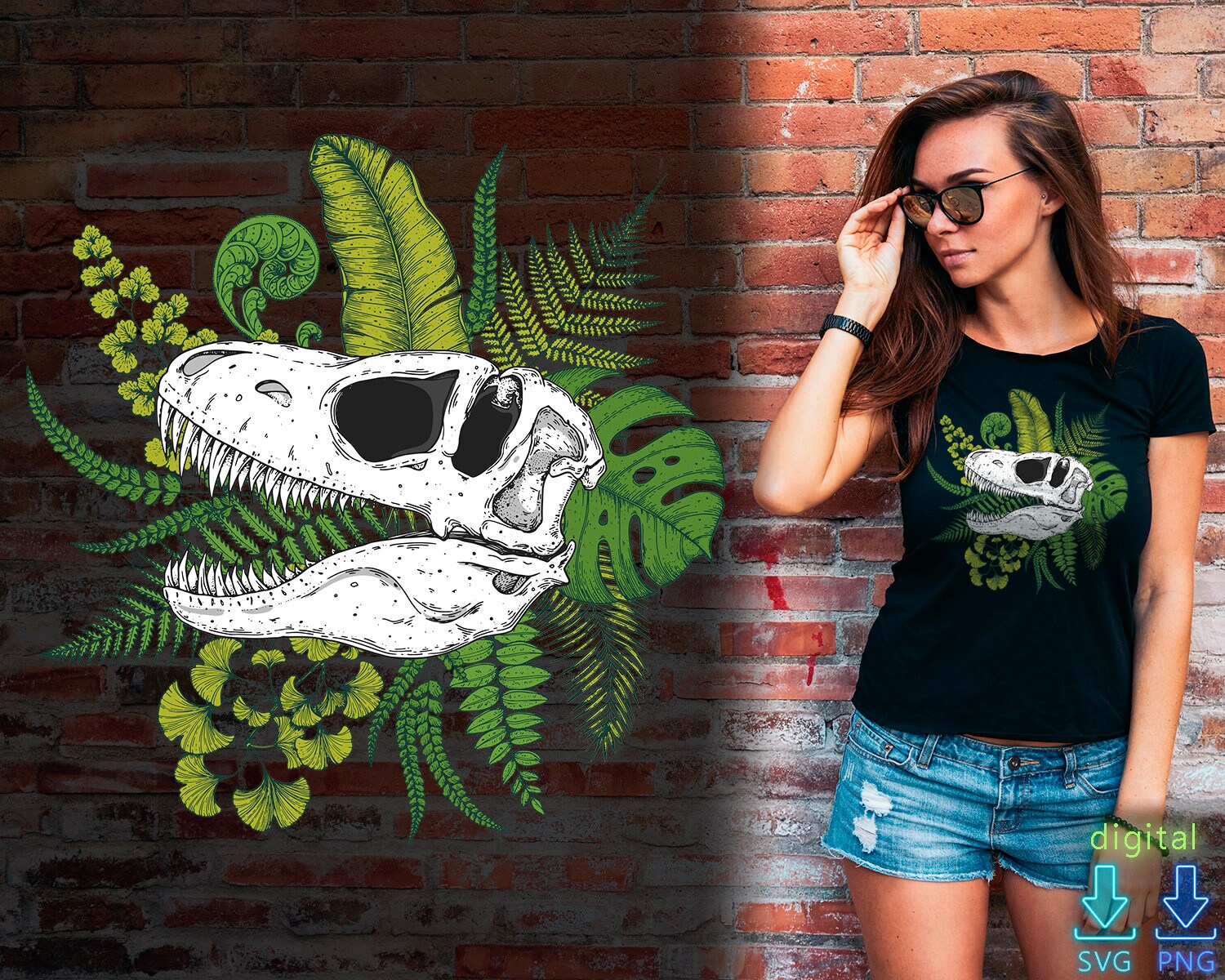 T-rex and Palm Leaves Hand Drawn Illustration T-rex SVG - Etsy