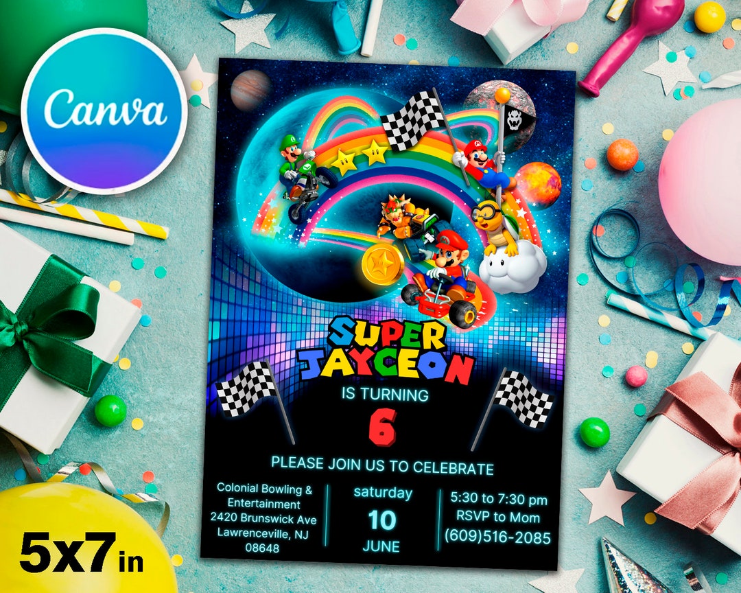 Super Mario Kart Birthday Invitation: Rainbow Road Canva Template ...