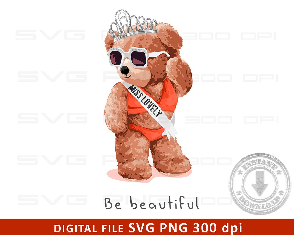Cute Bear Doll in Bikini and Sash SVG PNG | DTG Printing | Instant ...