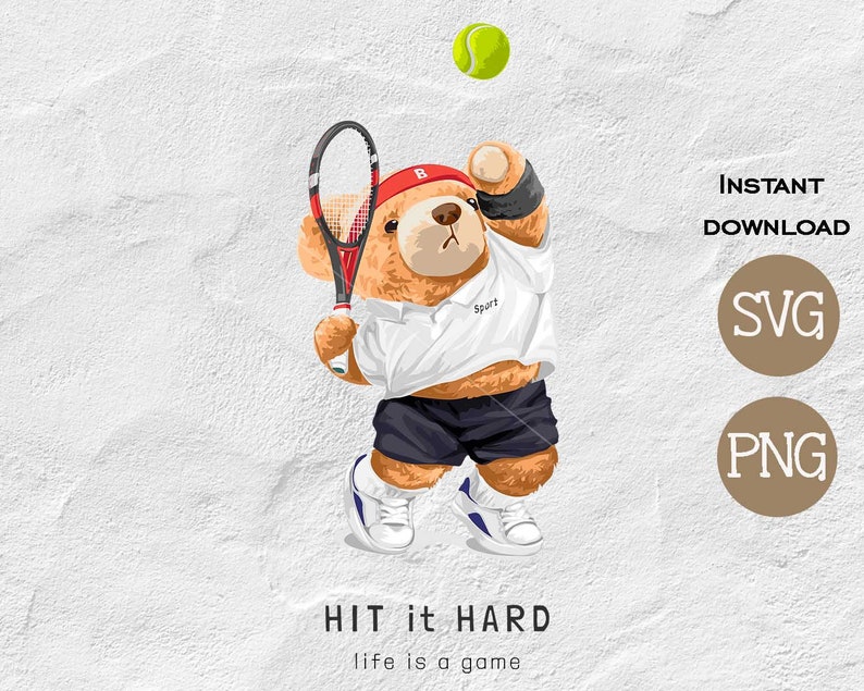 Teddy Bear Playing Tennis SVG PNG: DTG Printing (digital Download) - Etsy