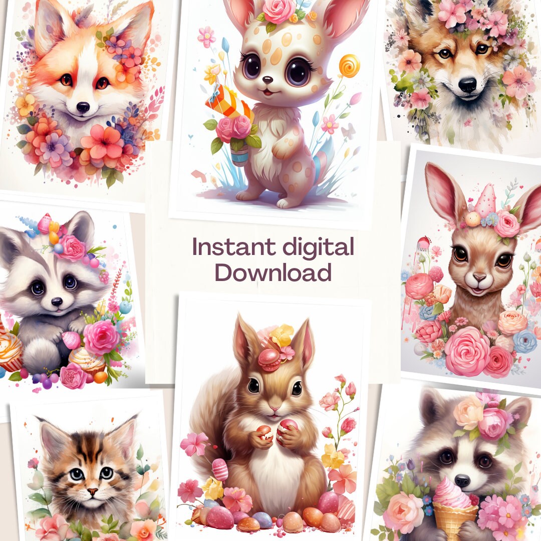 Nursery Animals Art. Animals With Flowers. Animals Art Print ...