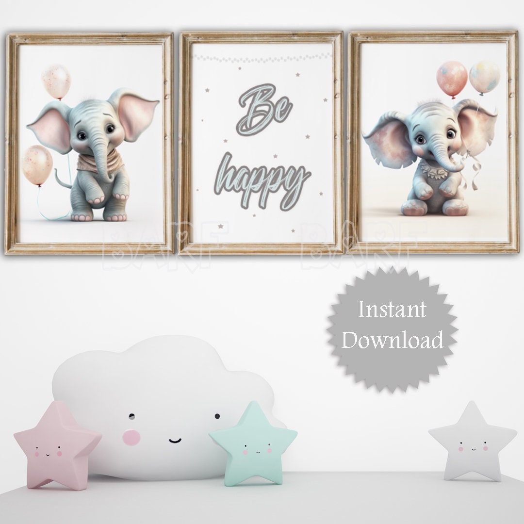 Printable Set of 3 Baby Animal, Pink Girl Room Decor, Elephant With ...