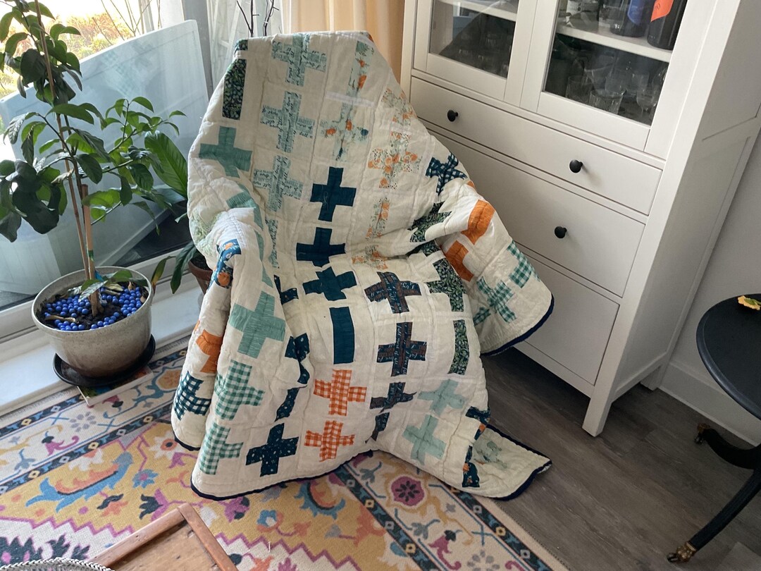 Large Double Patchwork Quilt in a Modern Plus and Minus Pattern. Hand ...
