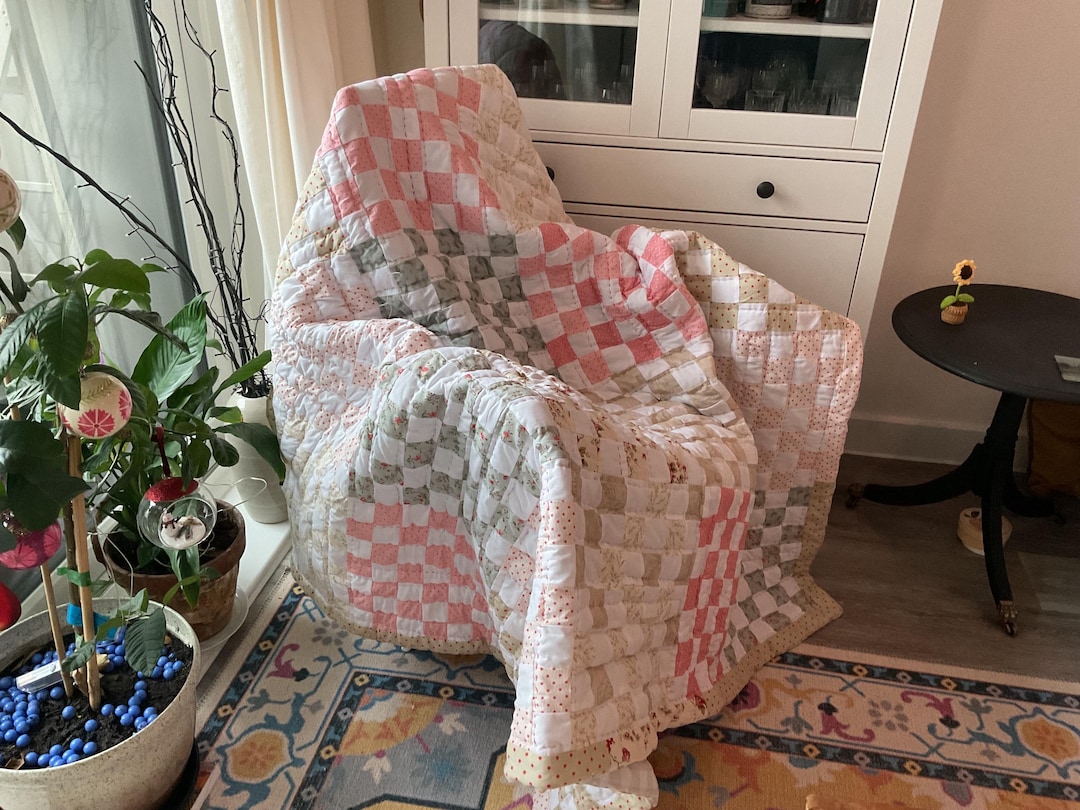 Large Double Patchwork Quilt in Soft Creams, Pinks and Grey ...