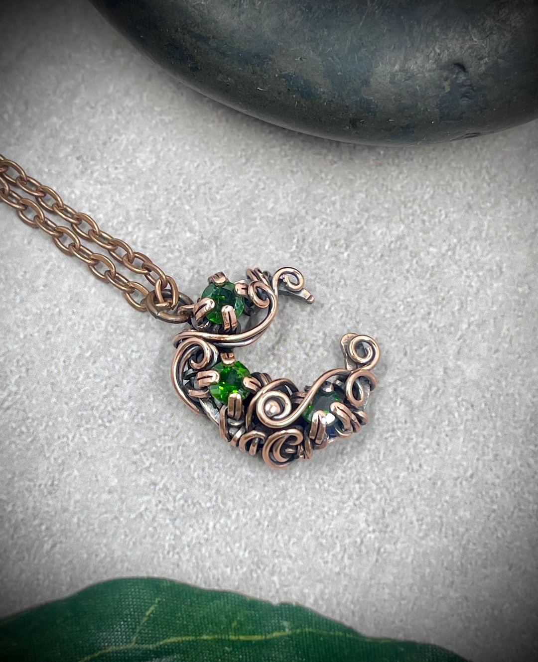 Copper Wire Wrapped Moon Pendant With Chrome Diopside Facets: Handmade ...