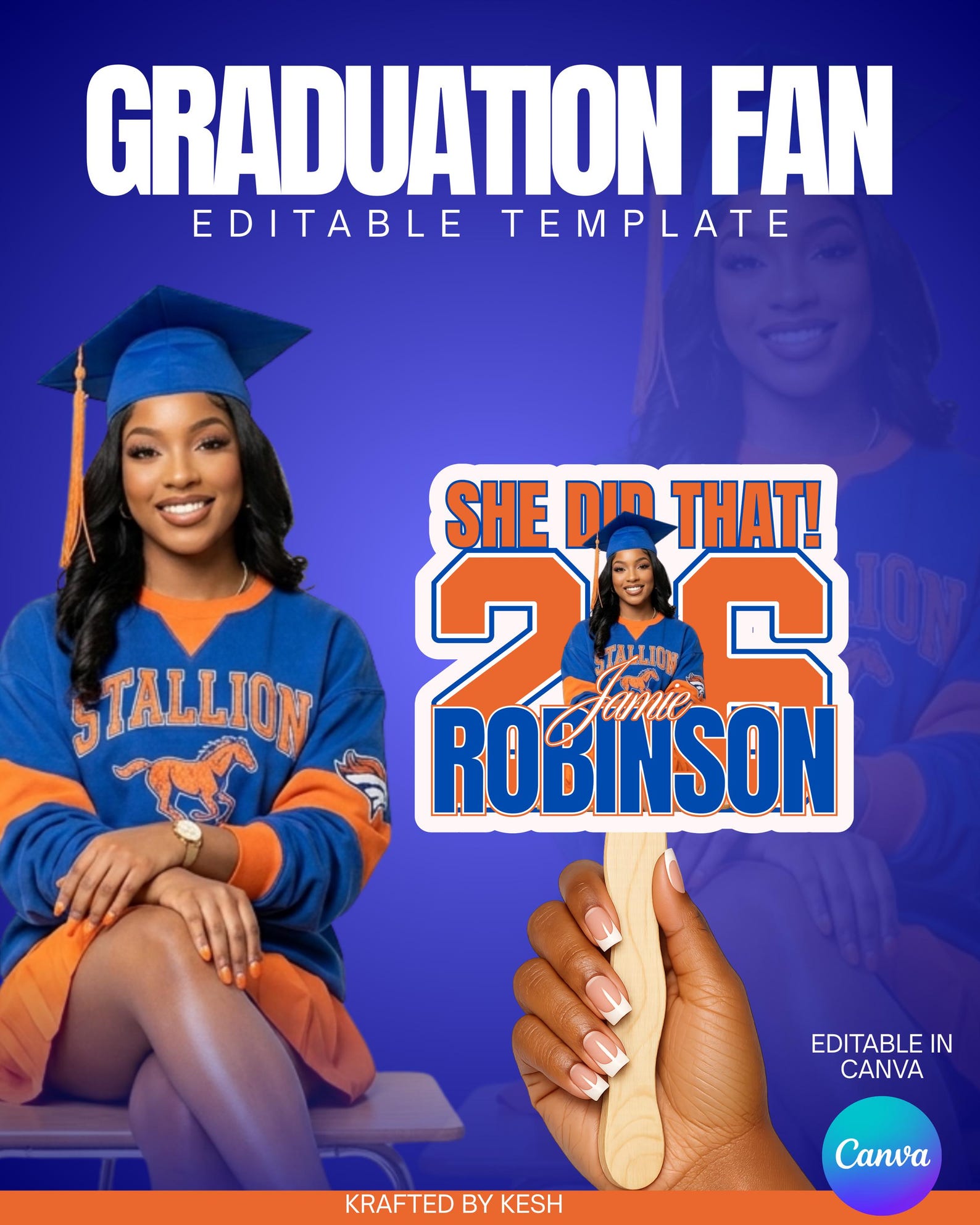 Editable Graduation Fan Canva Template Class of 2026, Custom Grad Hand ...