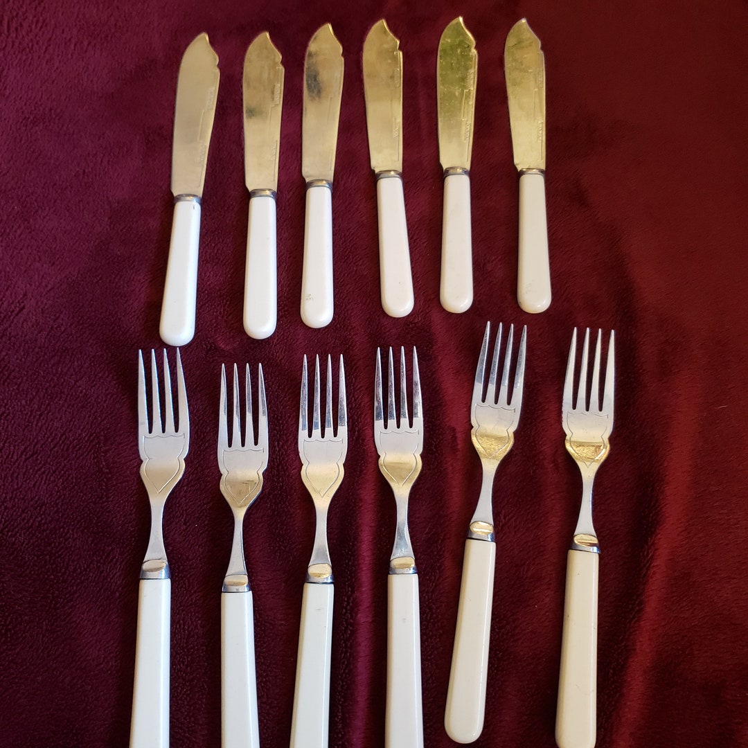 Set of 6 Fish Forks and 6 Fish Knives With Celluloid Made by Chrome ...