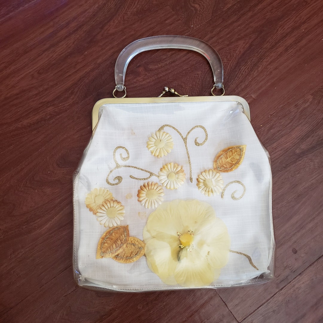1950s Plastic Handbag. Lucite Handle. Silk. Yellow Flowers. Has Wear ...