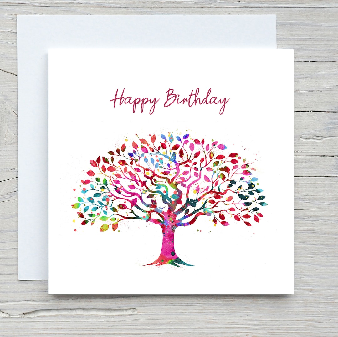 Tree Birthday Card, Floral Female Birthday Card, Multicoloured Tree ...