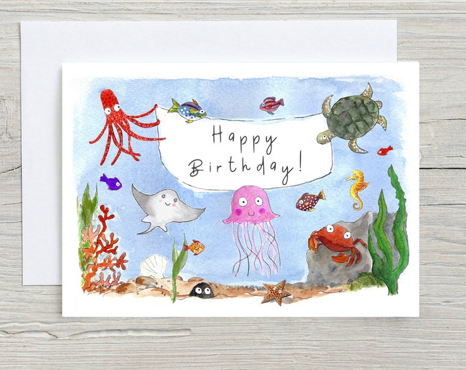 Sea Creatures Birthday Card, Kid's Birthday Cards, Children's Birthday ...