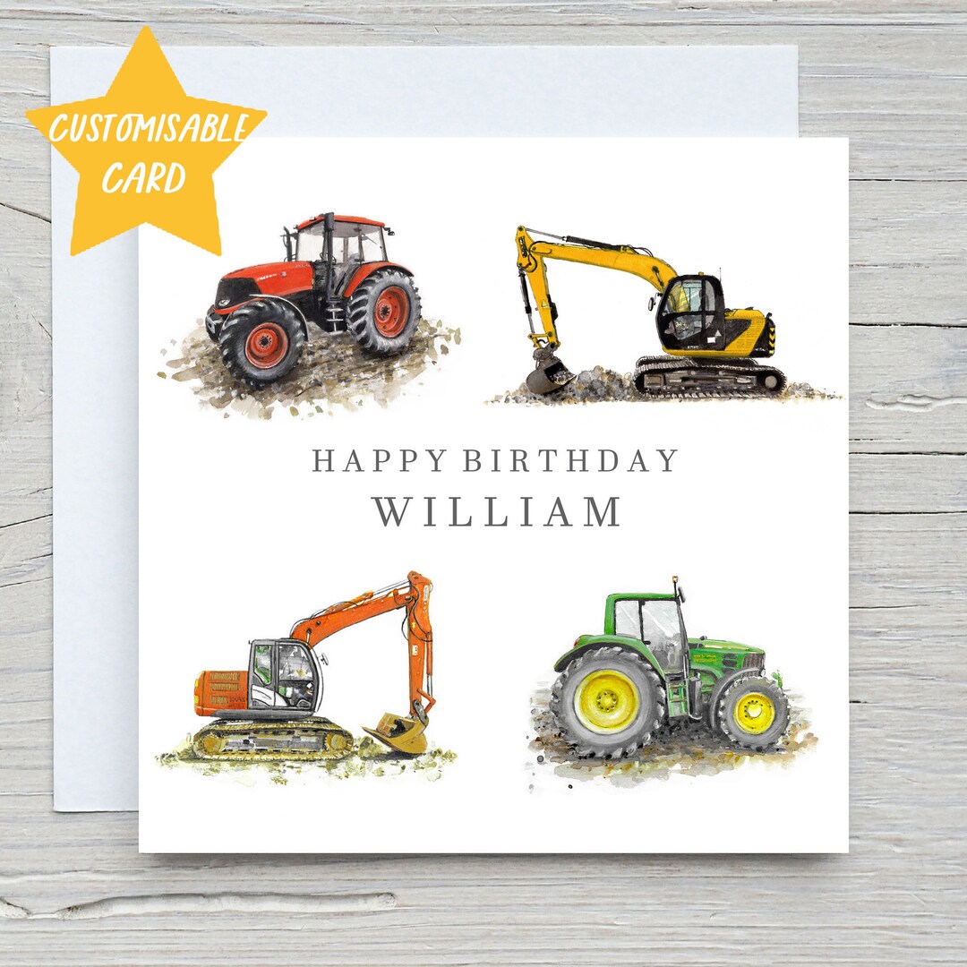 Tractors and Diggers Customisable Card, Children's Birthday Card, Kid's ...