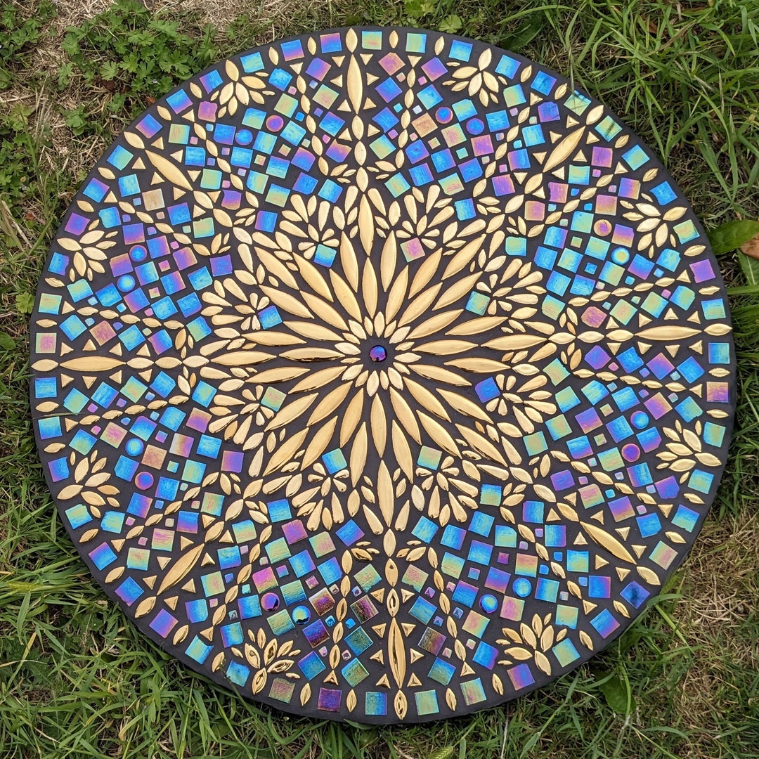 Large Garden Stepping Stone Golden Flower Ceramic, Iridescent Mosaic ...