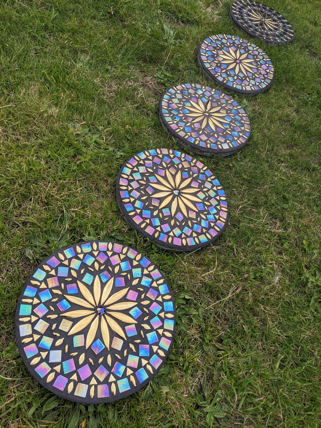 3 Garden Stepping Stones Golden Flower Ceramic Petals, Iridescent ...