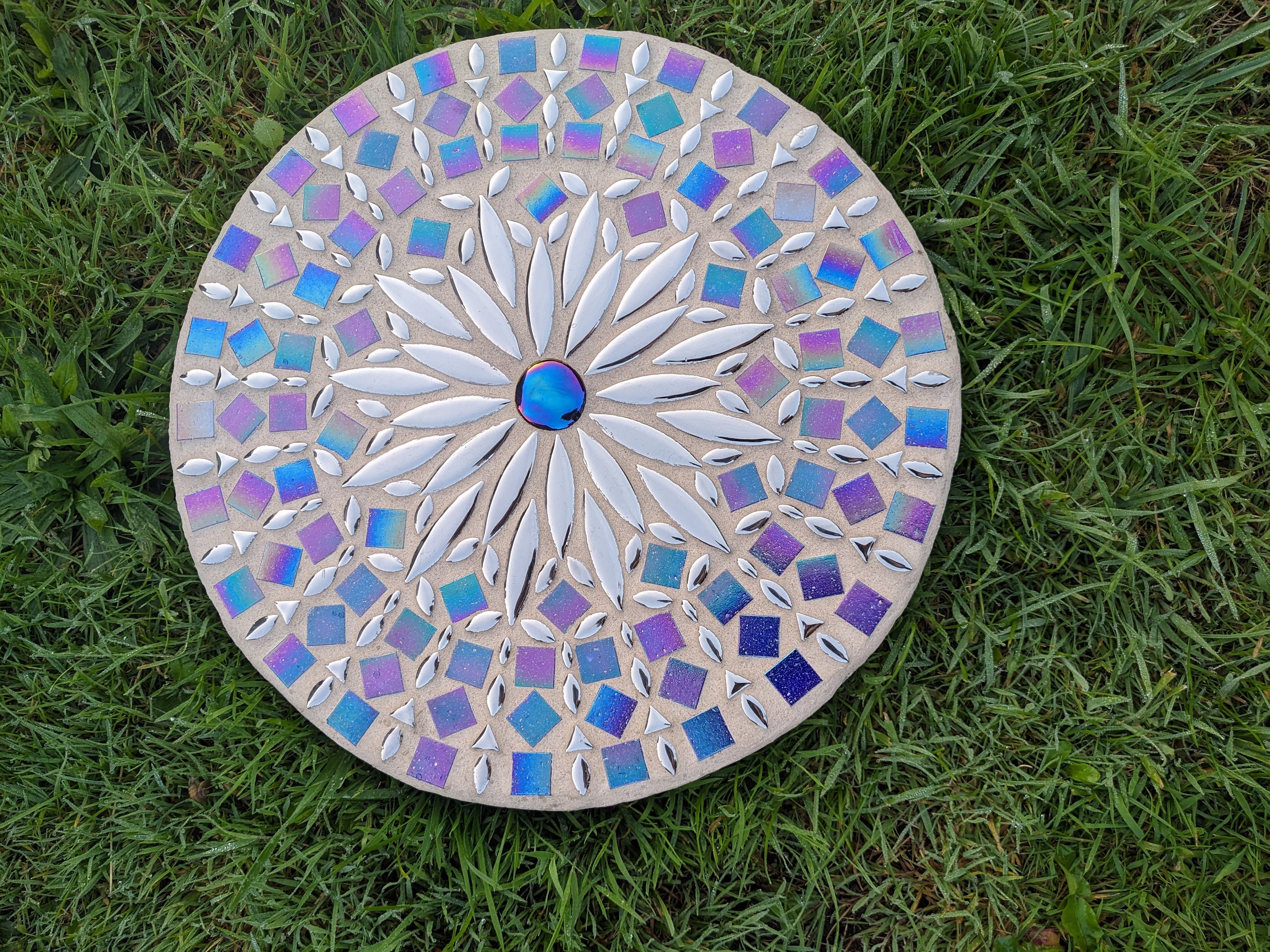 Garden Stepping Stone Silver Flower Ceramic Petal Blue Iridescent ...