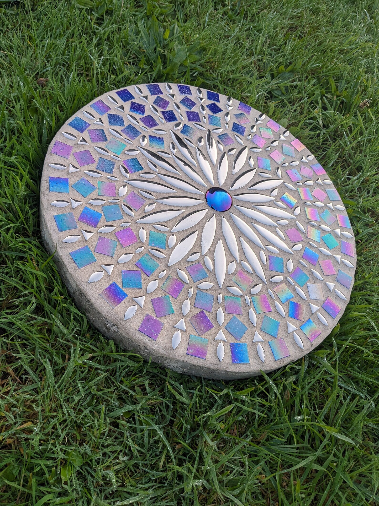 Garden Stepping Stone Silver Flower Ceramic Petal Blue Iridescent ...
