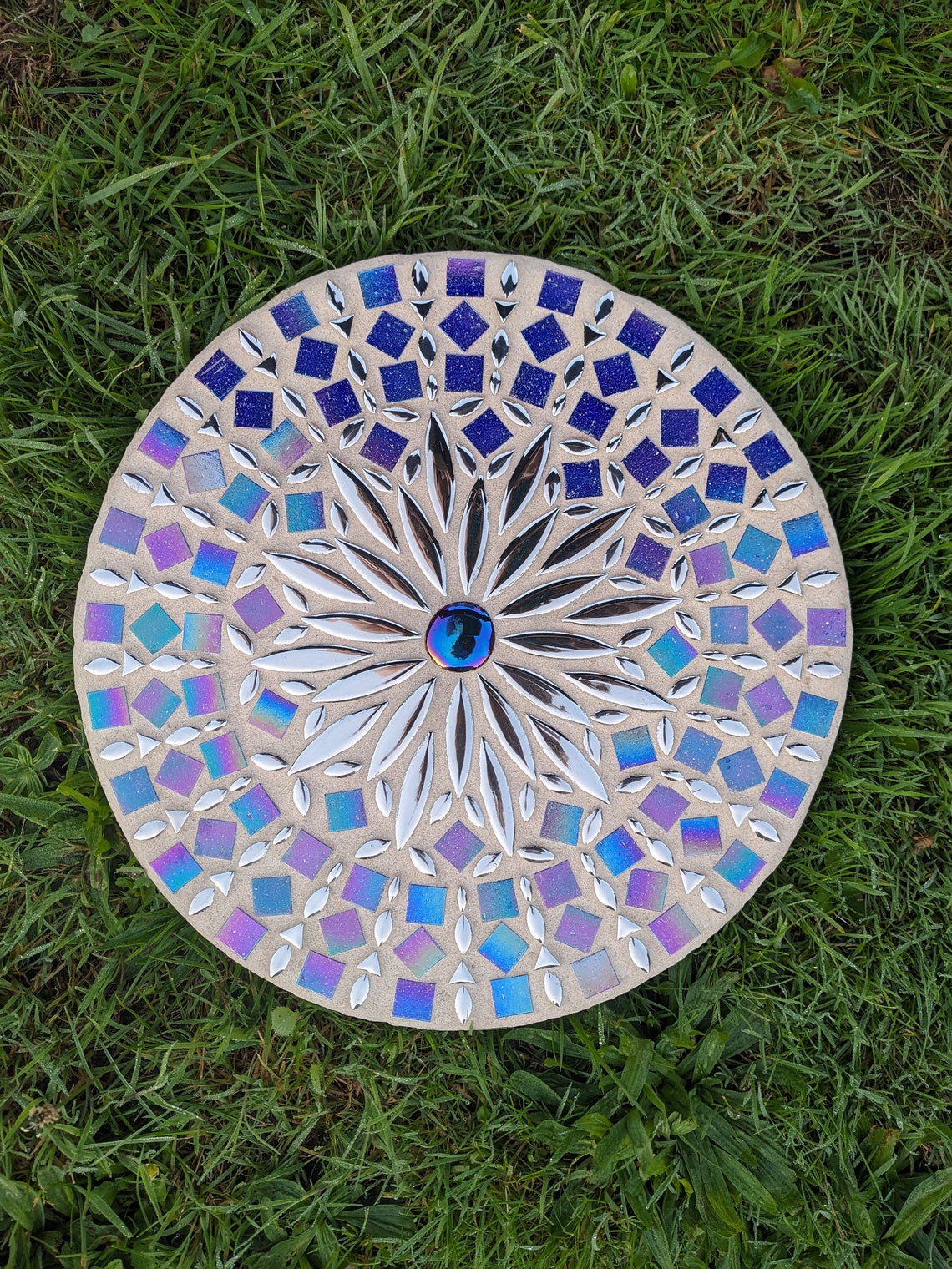 Garden Stepping Stone Silver Flower Ceramic Petal Blue Iridescent ...