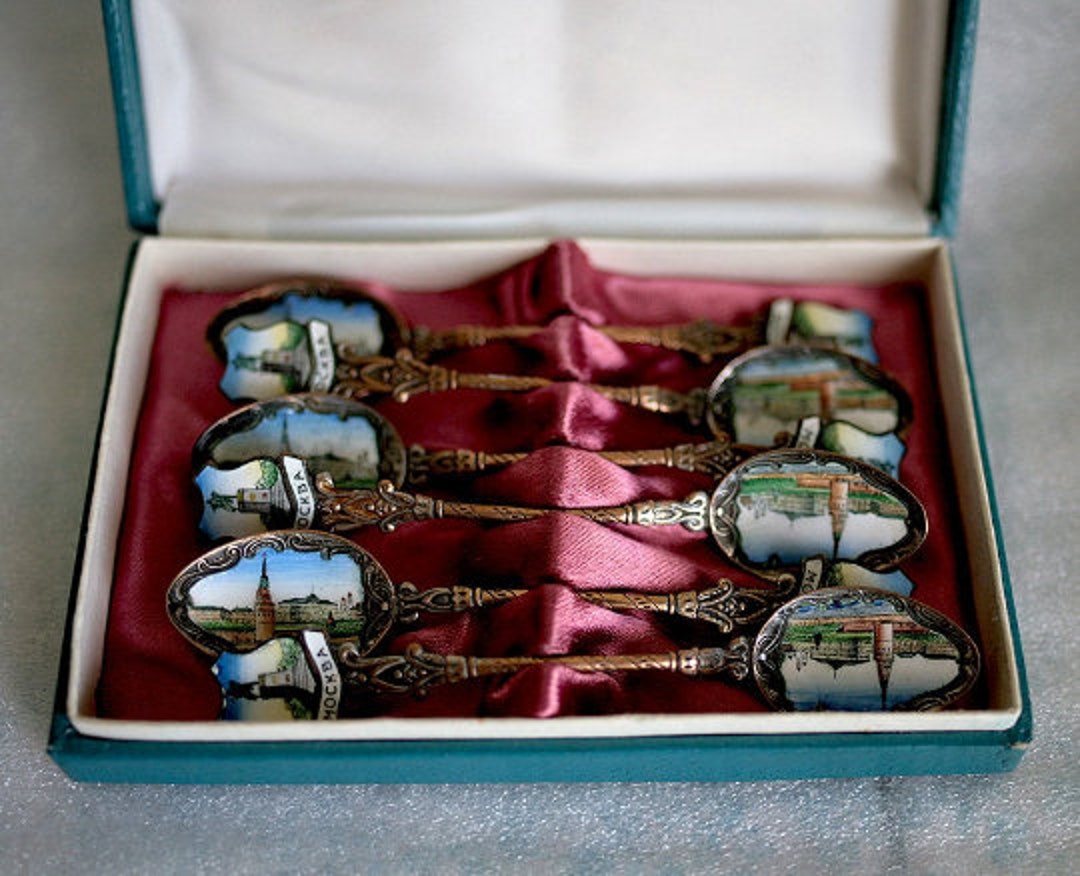 Moscow Soviet Russian Teaspoon Set Brass Enamel 6 Tea Coffee Spoons ...