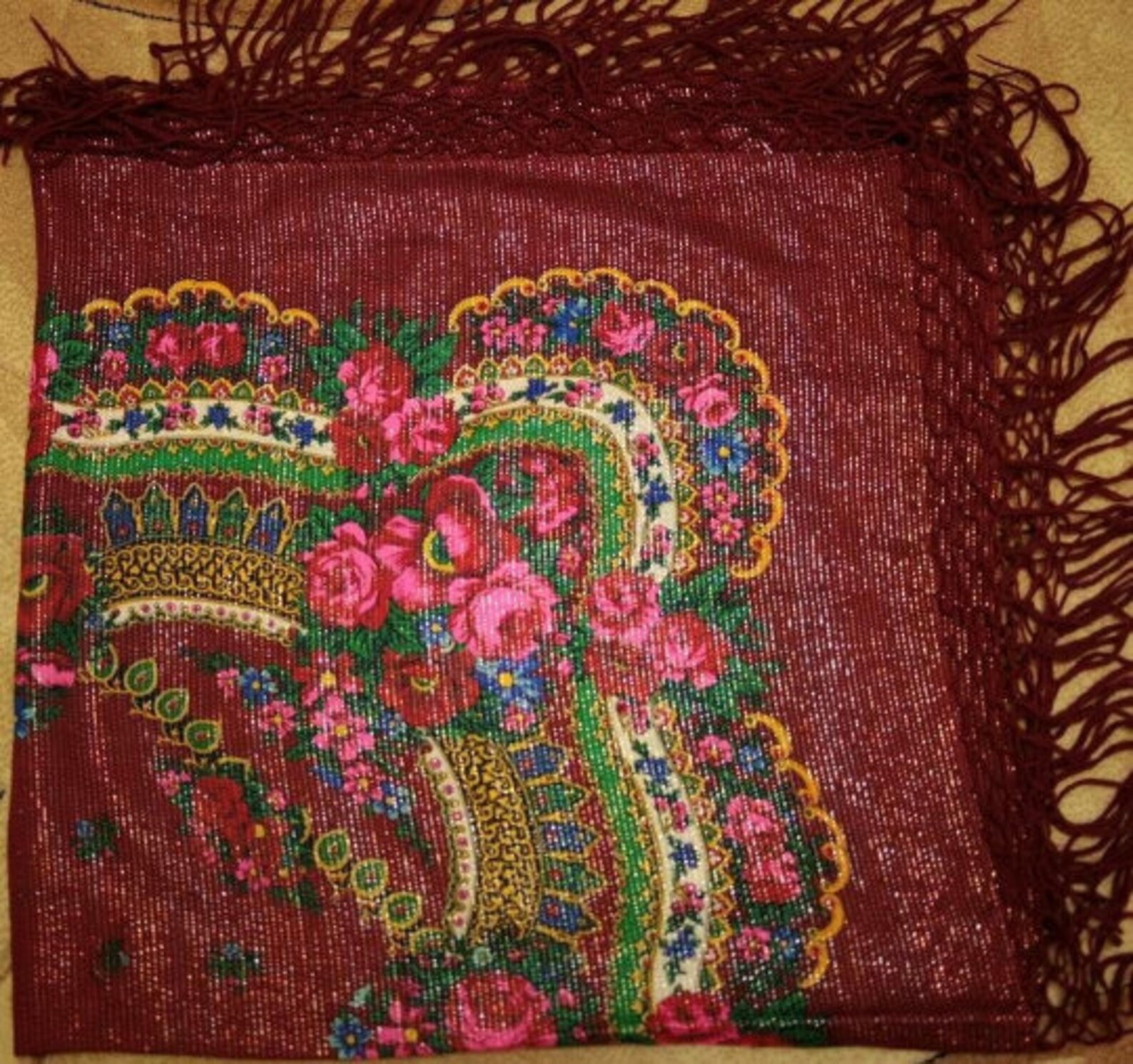 Vintage Japanese Head Scarf Shawl With Tassels Dark Red Pink | Etsy