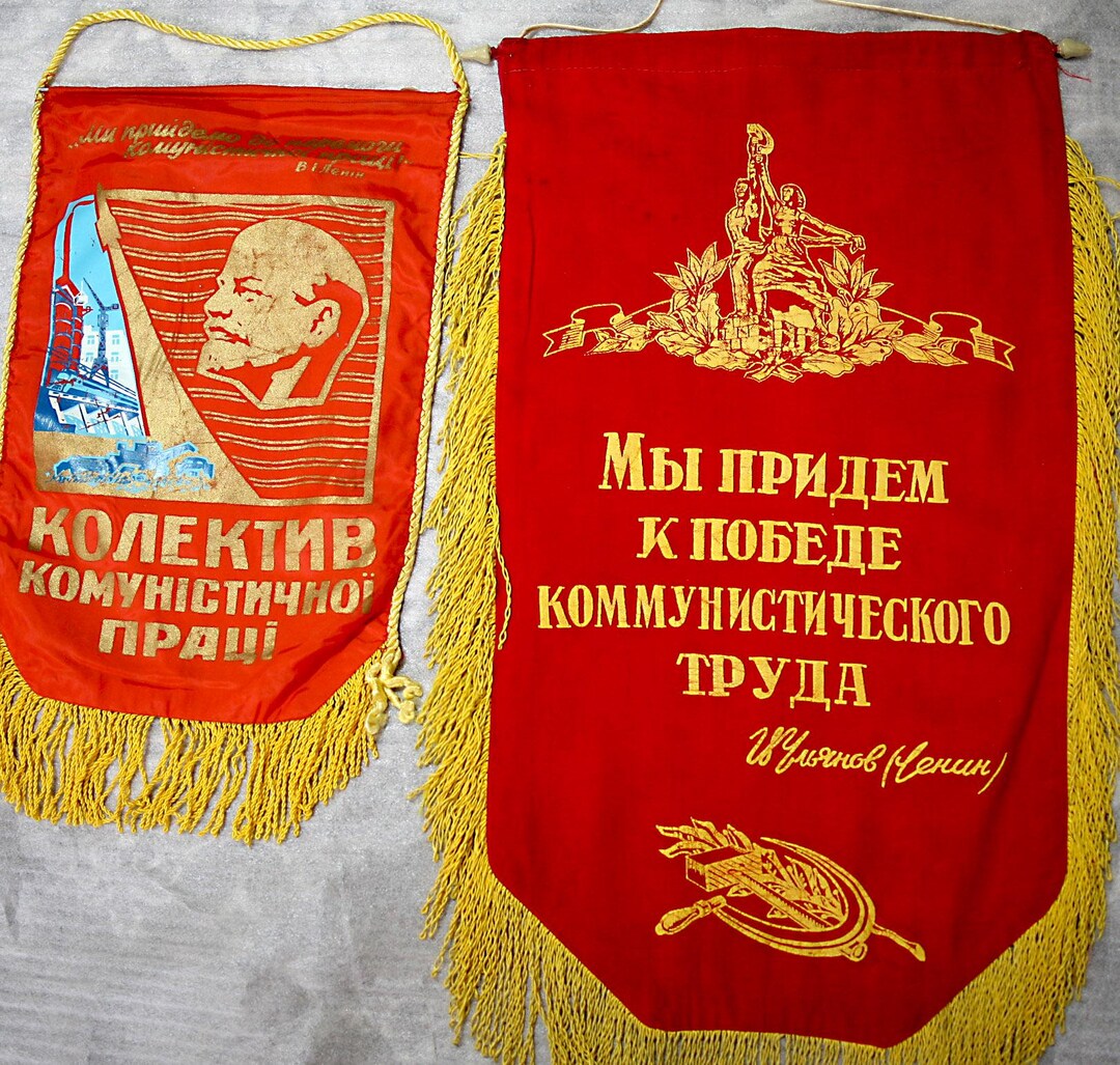 2 Vintage Soviet Flags Banners - Team of Communist Labor - 1980s - From ...