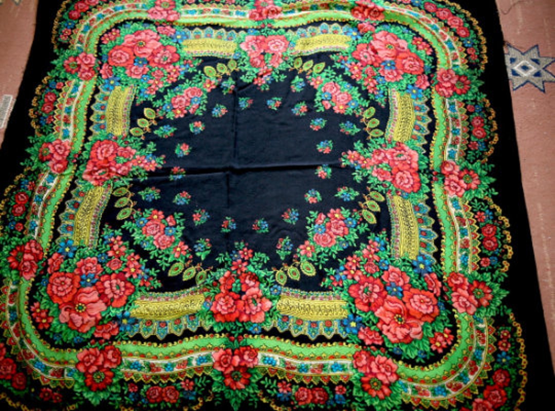 Ukrainian Shawl Scarf Red Roses on Black Wool 53" Inches From Soviet ...