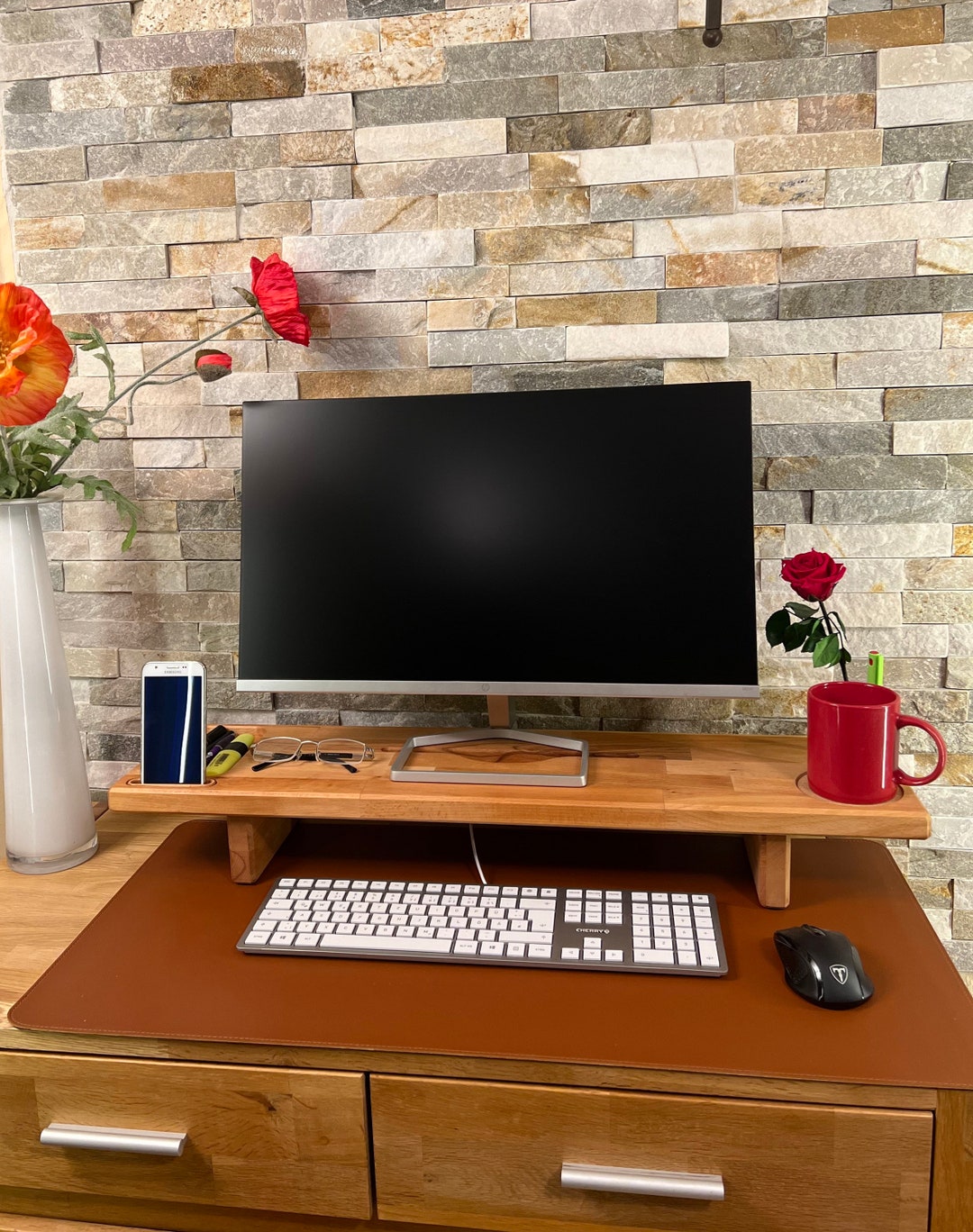 Monitor Elevation Desk Organizer Made of Beech Wood With Pen, Mobile ...