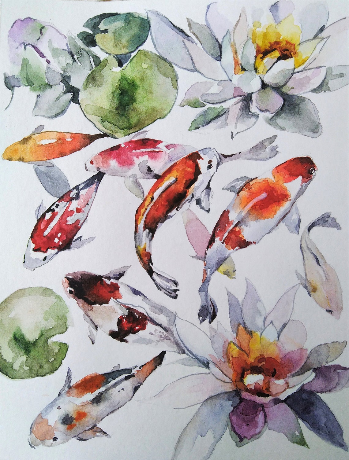 Watercolor large koi fish painting 9 nine fish Feng shui | Etsy