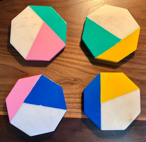 Handpainted Color-block Real Marble Coaster - Etsy