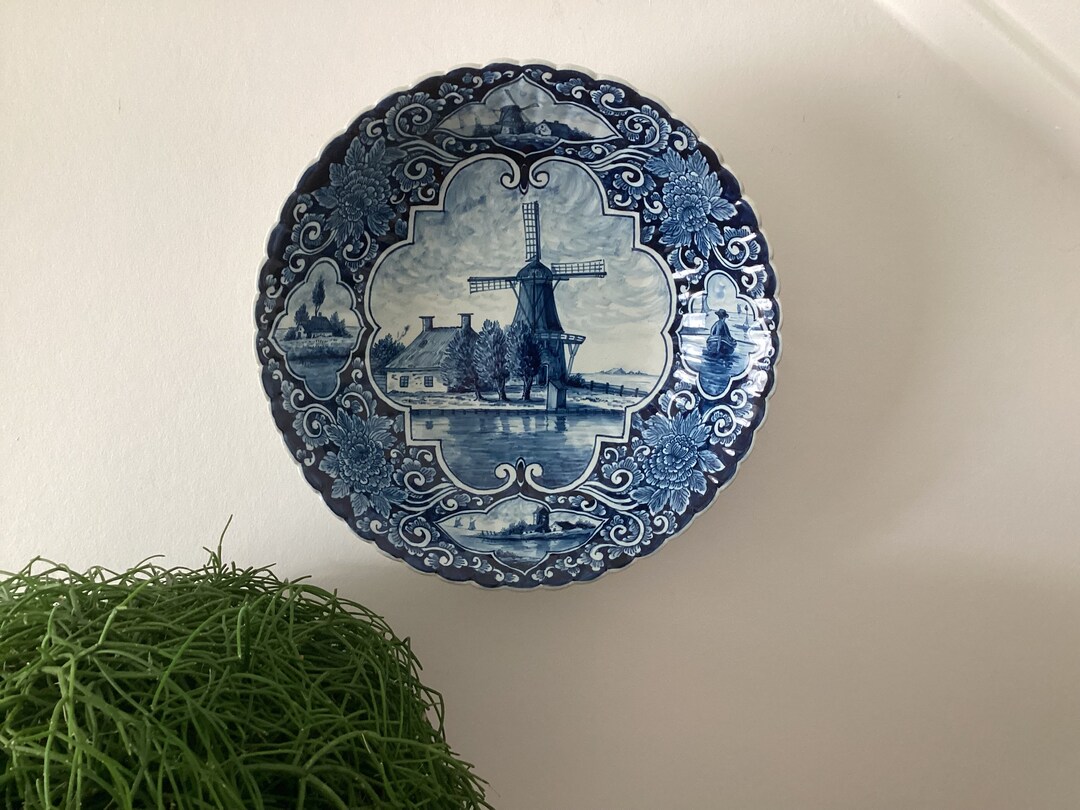 Large Makkum Wall Plate Deep Bowl Cartouches With 4 Small Dutch Scenes ...