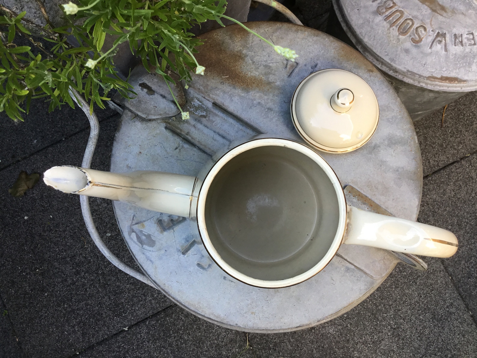 Enamel Coffee Pot Cream Color With Gold Accents - Decorative Dutch ...