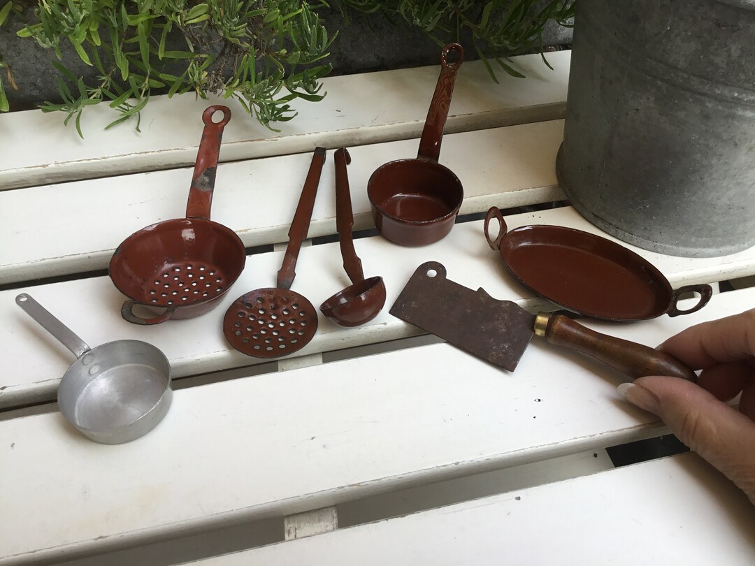 Enamel Toys Kitchen Utensils - Brown Enamel Skimmer, Sieve, Ladle, Pans ...