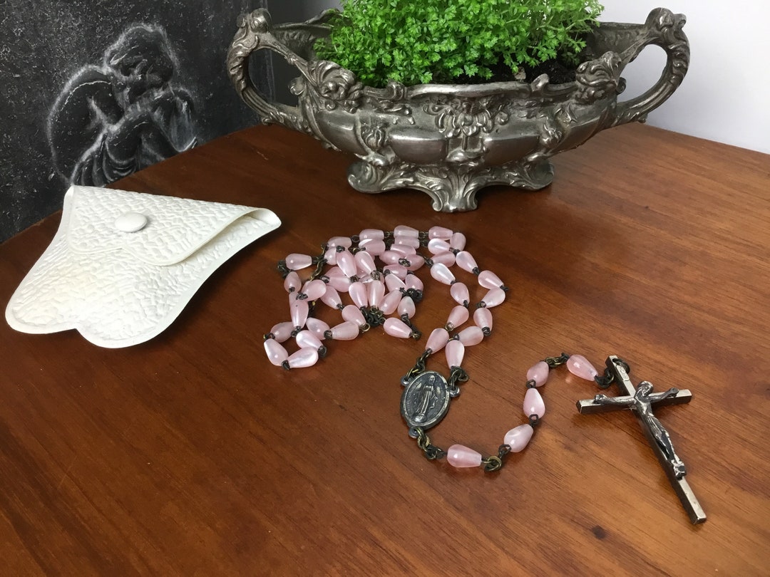 Old Vintage Rosary With Pink Mother-of-pearl-like Stones and Silver ...