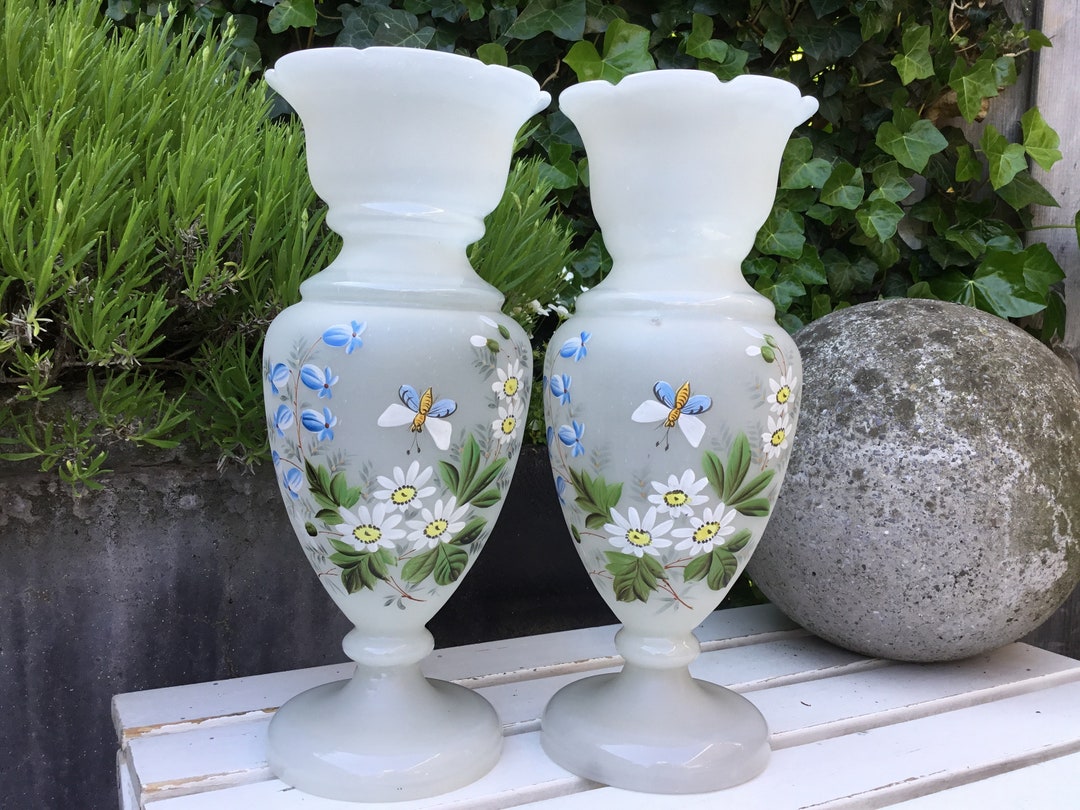 Opaline Glass Vases Hand Painted With Beautiful Representation of ...