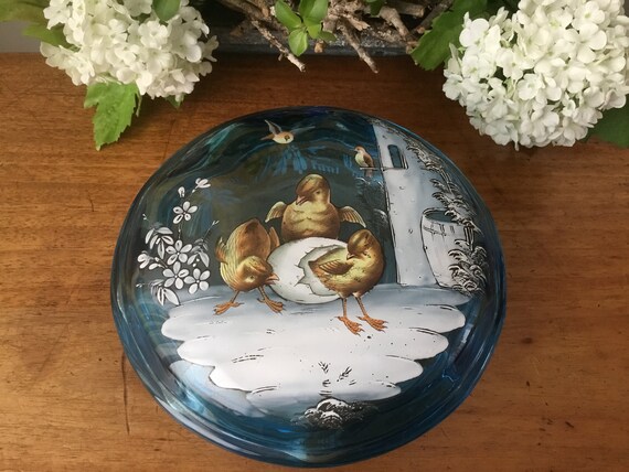 Antique Glass Box With Enamel Hand Painted Lid Glass Trinket - Etsy