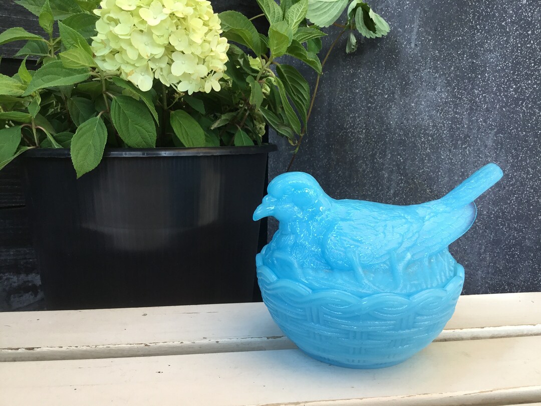 Light Blue Pressed Glass Pigeon on Nest Glass Jar Antique Lid Jar Made ...