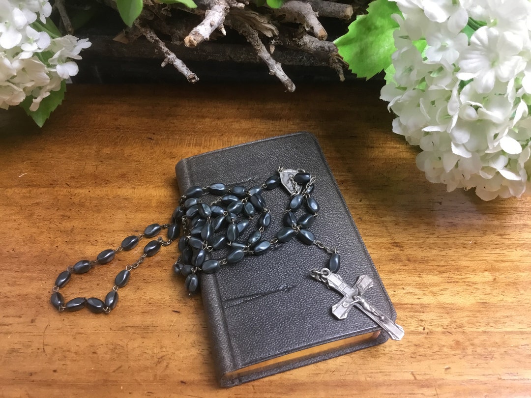 Rosary in Leather Case With Gray Stones and Silver-plated Cross With ...