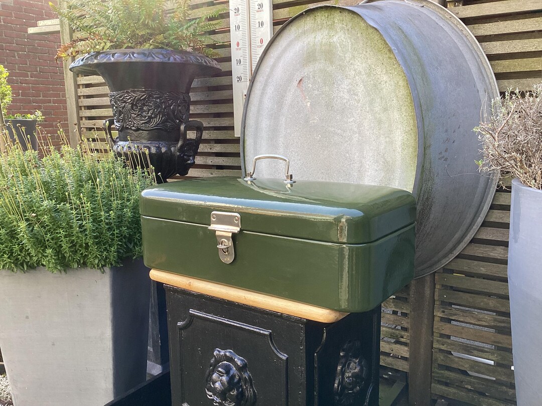 Dark Green Enamel Bread Bin Bread Box Enameled Iron With Silver Metal ...
