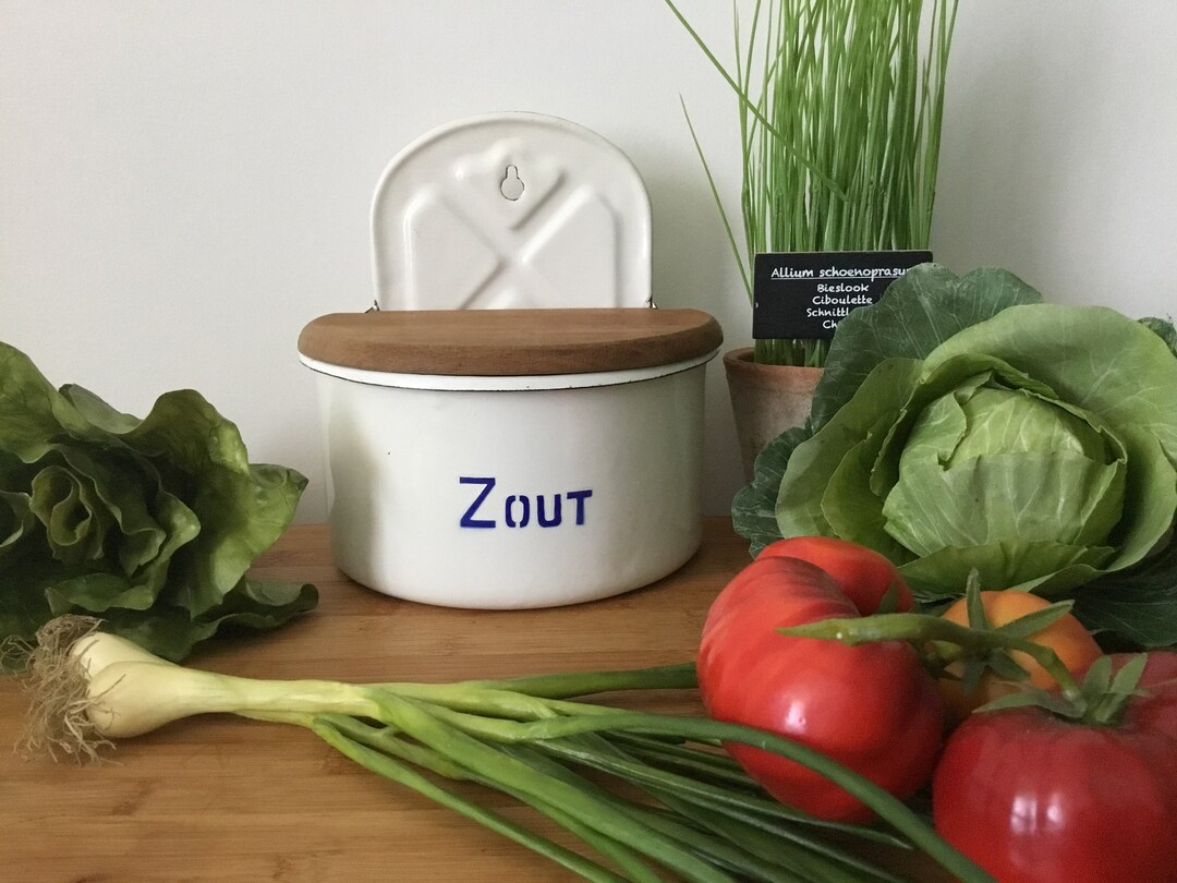 White Enamel Salt Pot With Blue Inscription “salt” - Super Decorative ...