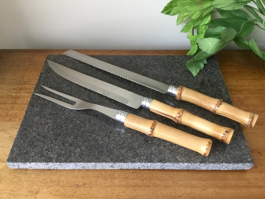 Bamboo 3 Piece Carving Set 2 Knives and 1 Meat Fork, Meat Buffet Meat ...