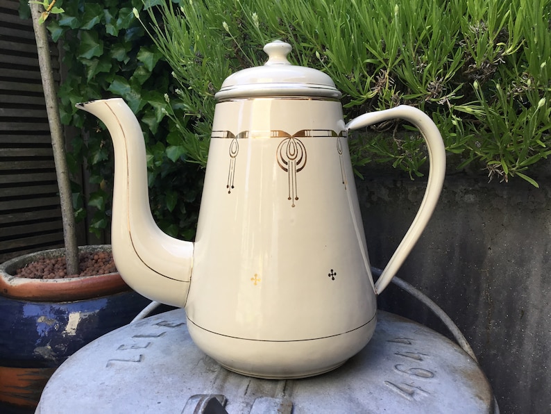 Enamel Coffee Pot Cream Color With Gold Accents - Decorative Dutch ...