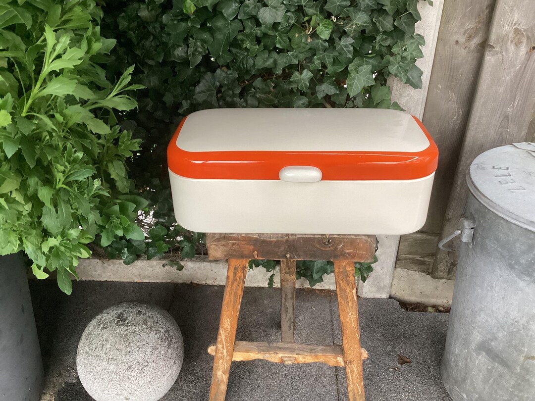 Cream Enamel Bread Bin With Orange Rim Silver Metal Hinges Bakelite ...