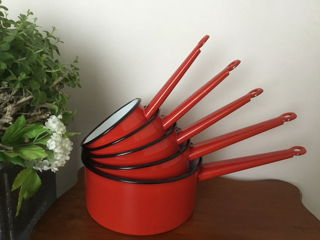 Beautiful Set of Saucepans 5 Old French Red/white/black Enamel Pans ...