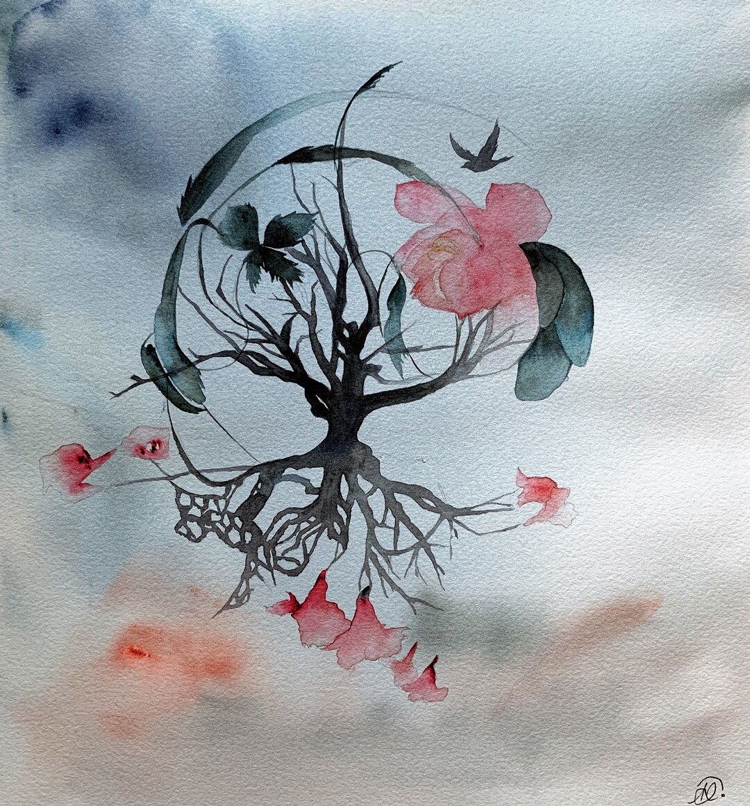 Original Watercolor Painting Bird Tree Symbol - Etsy