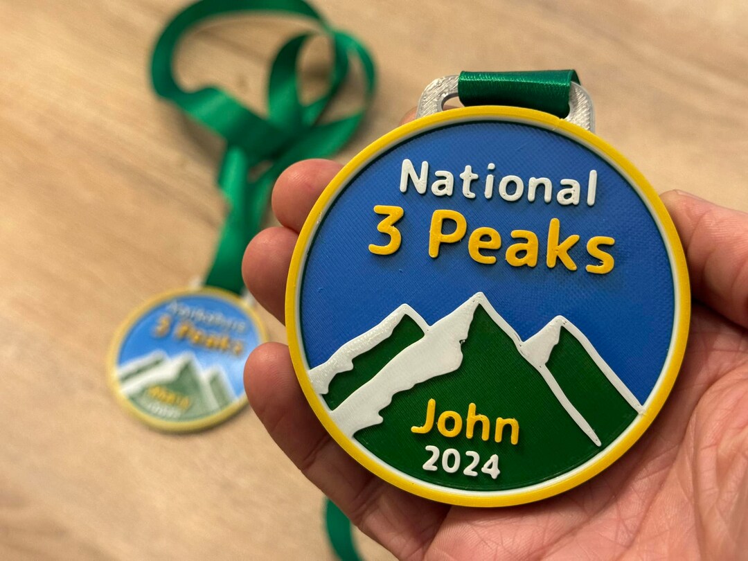 3 Peaks Medal With Colour Coded Ribbon, Personalised With Your Name and ...